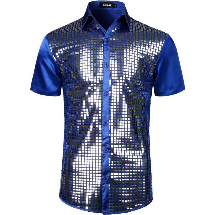 JOGAL Mens 70s Disco Shirt Silver Sequins Party Costume Short Sleeve Button Down Shirts Medium ...