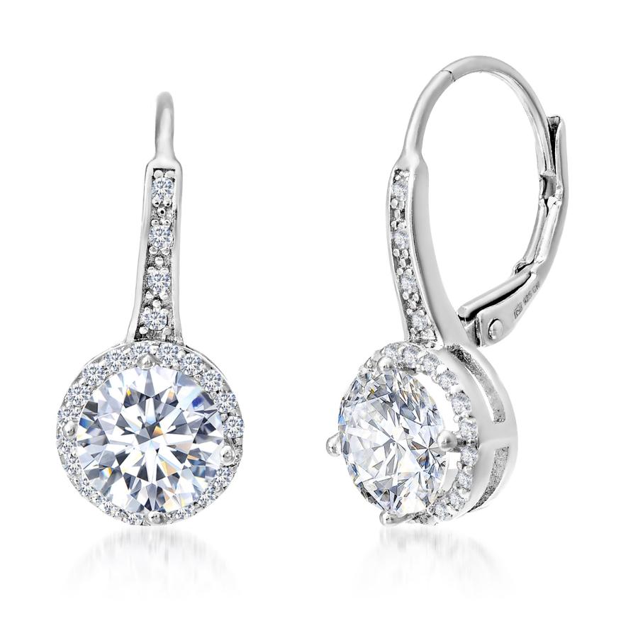 Mia Sarine Rhodium Plated 925 Sterling Silver Cubic Zirconia Halo Leverback Dangle Bridal ...