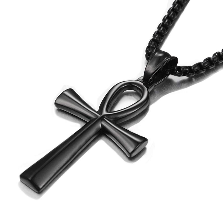 YL Ankh Cross Necklace for Men Stainless Steel Pendant Rolo Chain Black ...
