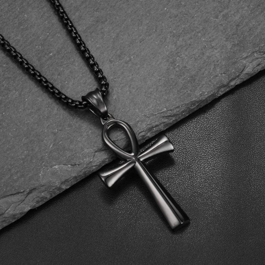 YL Ankh Cross Necklace for Men Stainless Steel Pendant Rolo Chain Black ...