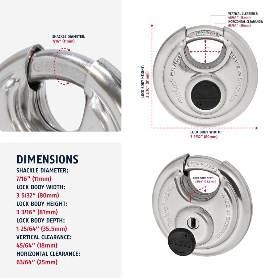 ABUS Diskus 20/80 Heavy Duty Stainless Steel Disk Padlock - Rustproof Circle Storage Lock with 7 ...