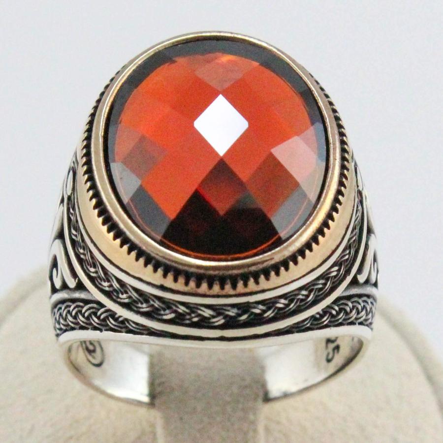 Solid 925 Sterling Silver Cubic Zirconia Stone Ruby Color Luxury Turkish Handmade Men's Ring (8. ...