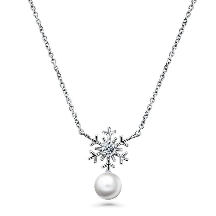 BERRICLE Sterling Silver Snowflake Imitation Pearl Fashion Pendant Necklace for Women Rhodium ...