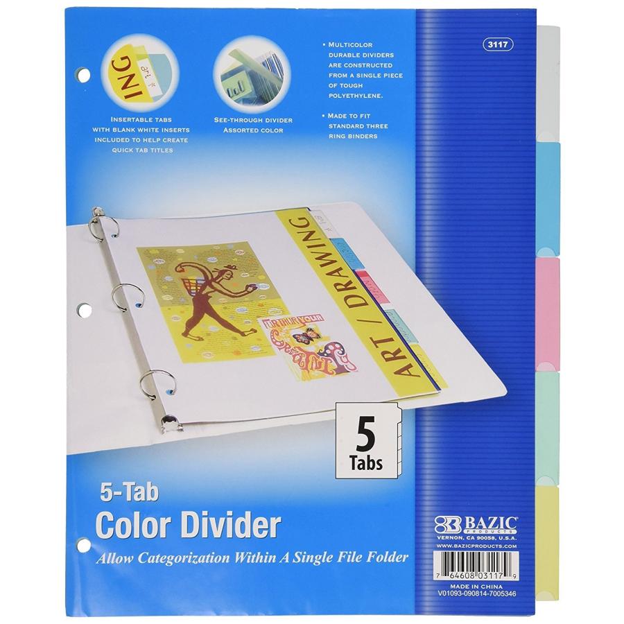 BAZIC Binder Dividers w/ 5 Insertable Color Tabs 11 Hole Punch Plastic ...