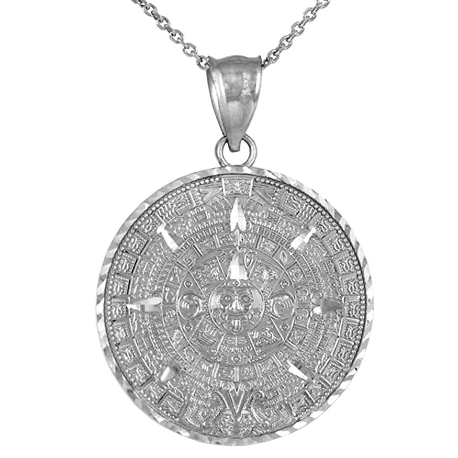 .925 Serling Silver Round Aztec Mayan Calendar Charm Pendant Necklace ...