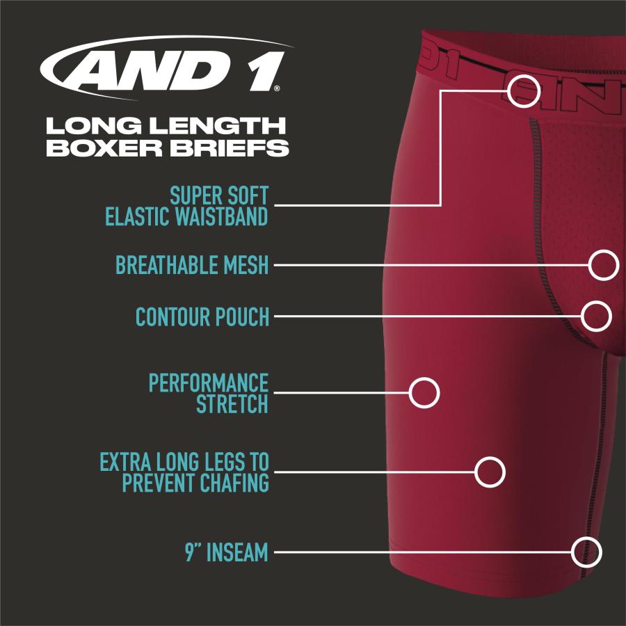 AND1 Men's Underwear Boxer Briefs - 10 Pack Performance Long Leg ...