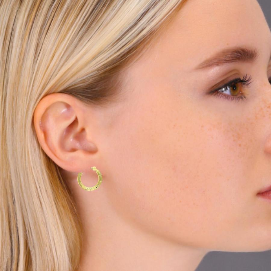 14k Gold Hand Engraved Diamond-Cut Round Hoop Earrings (13mm-0.5 inch Diameter)-Yellow Gold ...