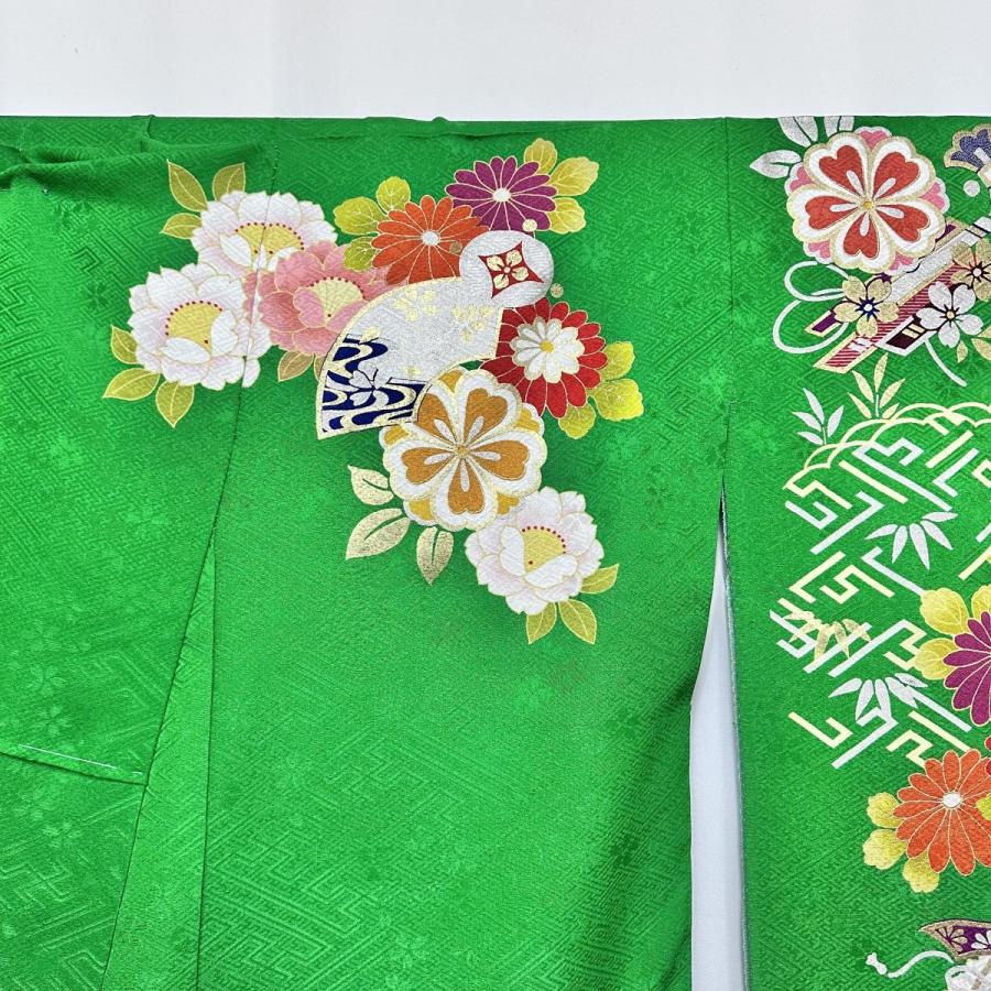 【大衆演劇 衣裳】【役者用 着物】御所車に草花模様（刺繍あり）振袖仮絵羽（八掛付き）(緑・白)｜未仕立｜推し活 プレゼント｜ : 華夢衣 ...