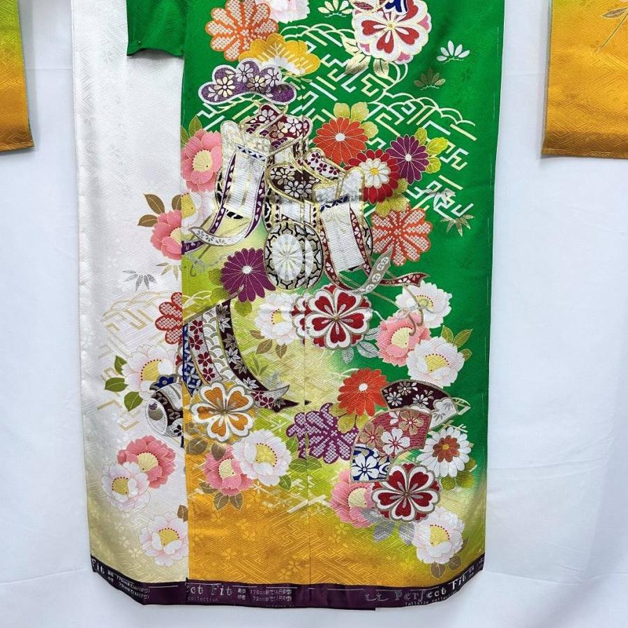 【大衆演劇 衣裳】【役者用 着物】御所車に草花模様（刺繍あり）振袖仮絵羽（八掛付き）(緑・白)｜未仕立｜推し活 プレゼント｜ : 華夢衣 ...