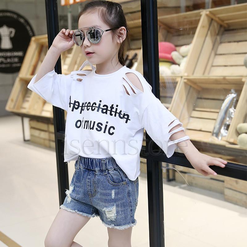 半袖ス 子ども服 女の子 春 夏 Tシャツ プリント ダメージ加工 ゆったり 可愛い キッズ ジュニア 女児 コットンシャツ ドルマンスリーブ ...