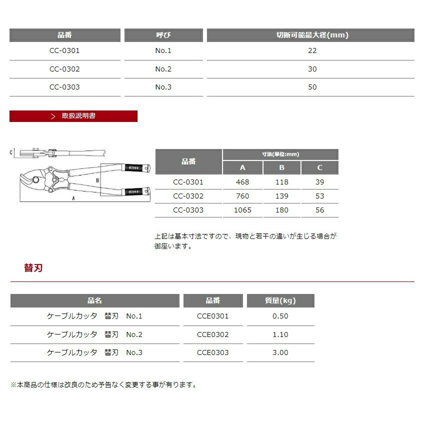 MCC ケーブルカッタ No.2 CC-0302 質量4.10kg サイズ約760x約139x約53mm 切断可能最大径30mm 専用設計ハンドル _ :CC-0302:カナジン ヤフー店 ...