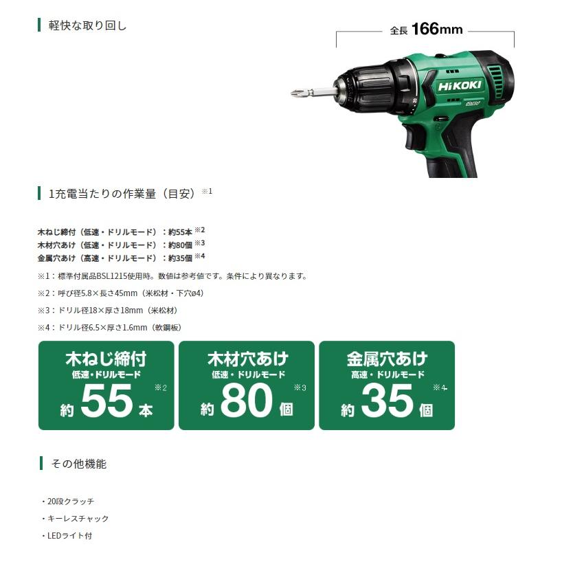 HiKOKI 10.8V コードレスドライバドリル DS12DA(NN) 本体のみ 最大トルク38N・m(低速) 17N・m(高速) クラッチ20段 10.8V対応 ハイコーキ 日立 ...