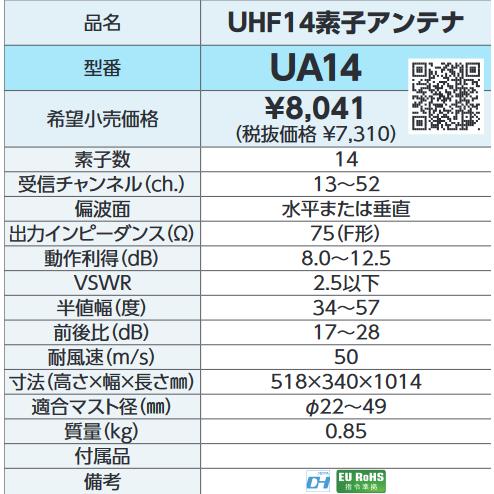 DXアンテナ DXアンテナ UA14 UHF(13ch〜52ch)用アンテナ 14素子(地デジ) Σ[ZG] : 住設建材カナモンジャー ...