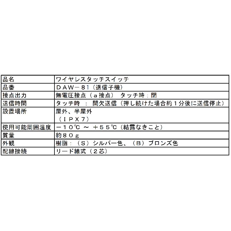 竹中エンジニアリング DAW-81S／DAW-81(S) ワイヤレスタッチスイッチ 送信子機【シルバー色】 自動ドア・シャッター制御用システム機器部材 TAKEX Σ : tke-daw ...