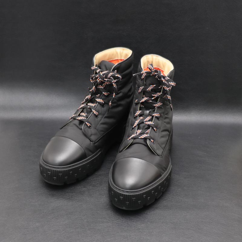 HERMES ★【中古】 エルメス ショートブーツ フレッシュ 【HERMES】 43 約27cm メンズ 靴 パラシュートファブリック カーフ ブラック セリエ H222960ZH03410 ...