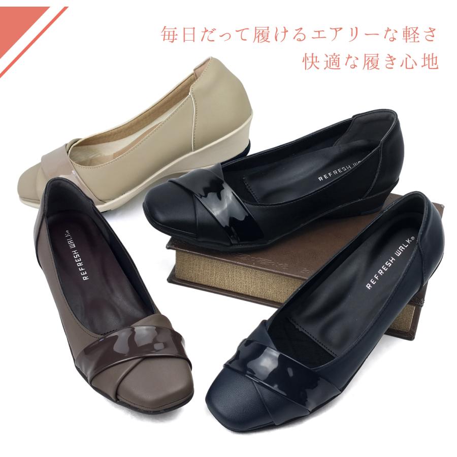 REFRESH WALK リフレッシュウォーク パンプス クロスベルト エナメル コンフォート 4E 幅広設計 軽量 ウェッジソール 外反母趾 高屈曲 防滑 : 1254 ...