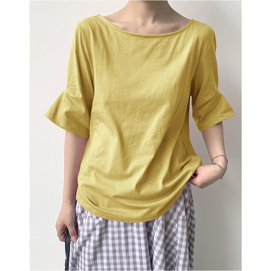 KAREI 【綿100％】5分袖 ハングバルーンスリーブ Tシャツ カットソー ゆったり プルオーバー 五分袖 タック入り 無地 ボーダートップス 腕カバー コットン : 夏黎 - 通販 ...