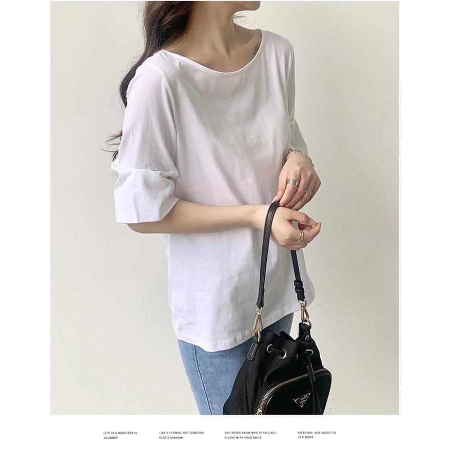 KAREI 【綿100％】5分袖 ハングバルーンスリーブ Tシャツ カットソー ゆったり プルオーバー 五分袖 タック入り 無地 ボーダートップス 腕カバー コットン : 夏黎 - 通販 ...