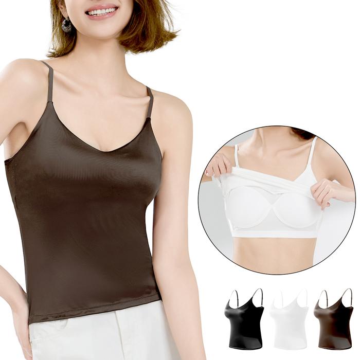 カップ付きキャミソール ブラトップ レディース サテン 光沢 艶 キャミソール インナー エレガント 上品 シンプル 軽やか 楽ちん 肩紐調節 黒 白 茶 rr-045 : Karly ...