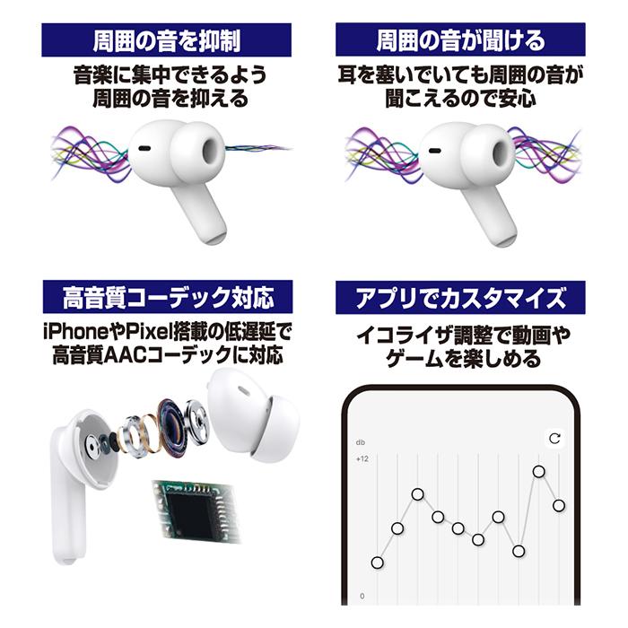 スマート完全ワイヤレス ステレオイヤホン ANC/AAC/防水【ホワイト】(BL126) : ネットショップカシムラ - 通販 - Yahoo!ショッピング