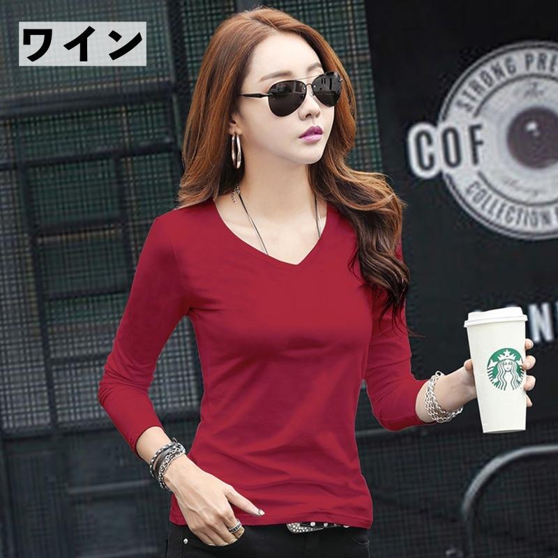 長袖Tシャツ ロングTシャツ カットソー レディース 女性 トップス Vネック 無地 単色 シンプル 着回し 大きいサイズあり 婦人服 : KAWAeMON - 通販 - Yahoo!ショッピング