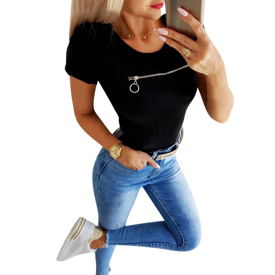 カットソー Tシャツ トップス レディース 女性 胸開き 半袖 ストレッチ 伸縮素材シンプル オシャレ 夏 ジッパー ブラック ホワイト セクシー : KAWAeMON - 通販 ...