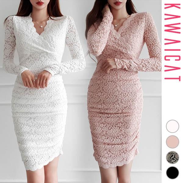 ワンピース レディース 長袖 総レース レース カシュクール Vネック 膝丈 ひざ丈 タイト 上品 きれいめ 春 秋 冬 30代 40代 50 ...