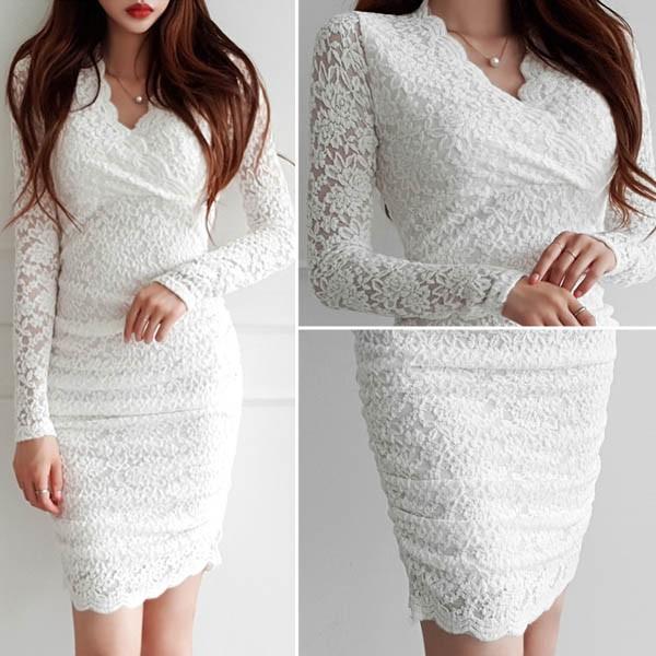 ワンピース レディース 長袖 総レース レース カシュクール Vネック 膝丈 ひざ丈 タイト 上品 きれいめ 春 秋 冬 30代 40代 50 ...