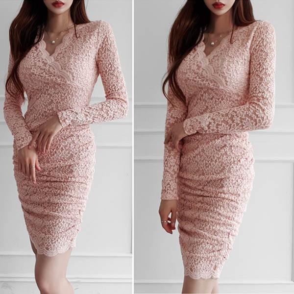 ワンピース レディース 長袖 総レース レース カシュクール Vネック 膝丈 ひざ丈 タイト 上品 きれいめ 春 秋 冬 30代 40代 50 ...