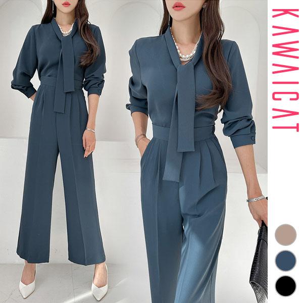 セットアップ レディース アンサンブル ブラウス 長袖 ワイド スラックス ロング パンツ ボウタイ 上品 おしゃれ 春 秋 韓国 ...