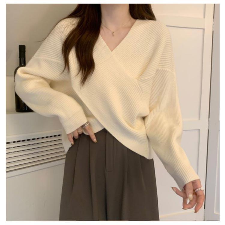 ニットセーター カシュクール 長袖 リブニット レディース クロス ショート丈 Vネック トップス ドロップショルダー カジュアル 大人女子 : 佳誉ストア - 通販 - Yahoo!ショッピング