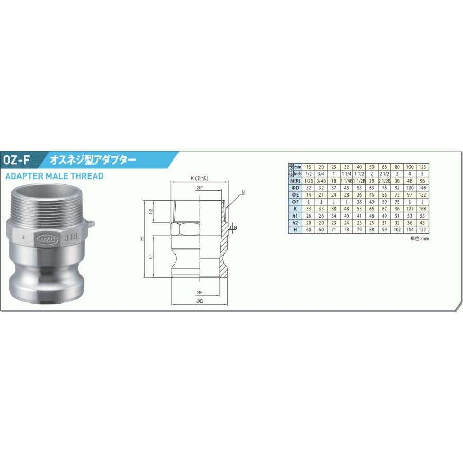 小澤物産 1インチ 25A OZCレバーカップリング オスネジ型アダプター（オス×オスネジ） OZ-F ステンレス製 カムロック :oz-f-sus-25:建築土木ストア - 通販 ...