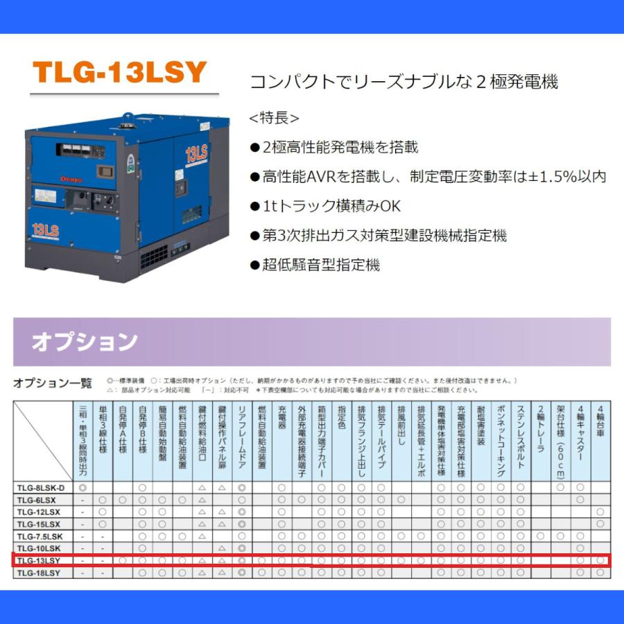 デンヨー 発電機 TLG-13LSY 50Hz 60Hz ディーゼル 三相 ディーゼルエンジン発電機 超低騒音型 2極発電機 Denyo :003-042:建機ランド Yahoo!店 - 通販 ...