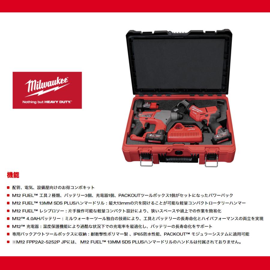 Milwaukee ミルウォーキー パワーパック M12 FPP2BT-403P JP ハンマードリル レシプロソー ドリル ハツリ機 セーバーソー ノコギリ 切断 DIY 配管 電気 解体 ...