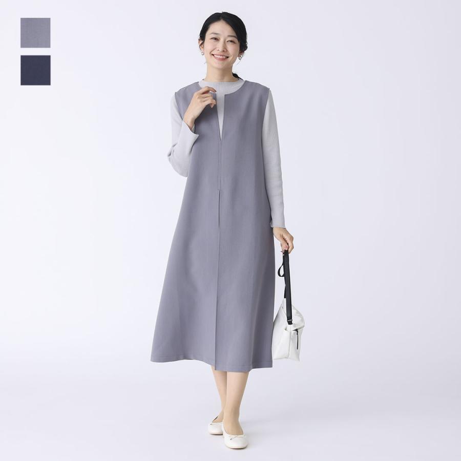 レディース ワンピース ジャンパースカート ストレッチ きれいめ Aライン フレア ロングシーズン 30代 40代 50代｜キーネックジャンパースカート KEYUCA(ケユカ ...