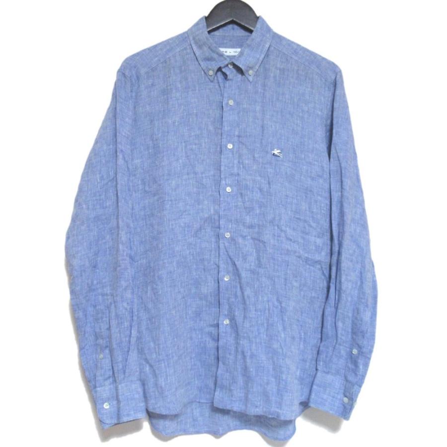 ETRO 美品 エトロ ワンポイントロゴ刺繍 リネン100% 長袖 ロングスリーブ BDシャツ ボタンダウンシャツ Lサイズ ブルー メンズ 古着 中古 : ブランド古着のリュクス - 通販 ...