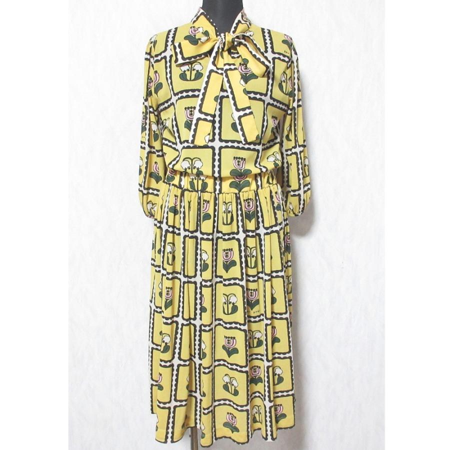 peu pres 良品 プープレ フラワープリント 七分袖 ボウタイ ミディ丈 ミモレ丈 フレアワンピース F イエロー レディース 古着 中古 : ブランド古着のリュクス - 通販 ...