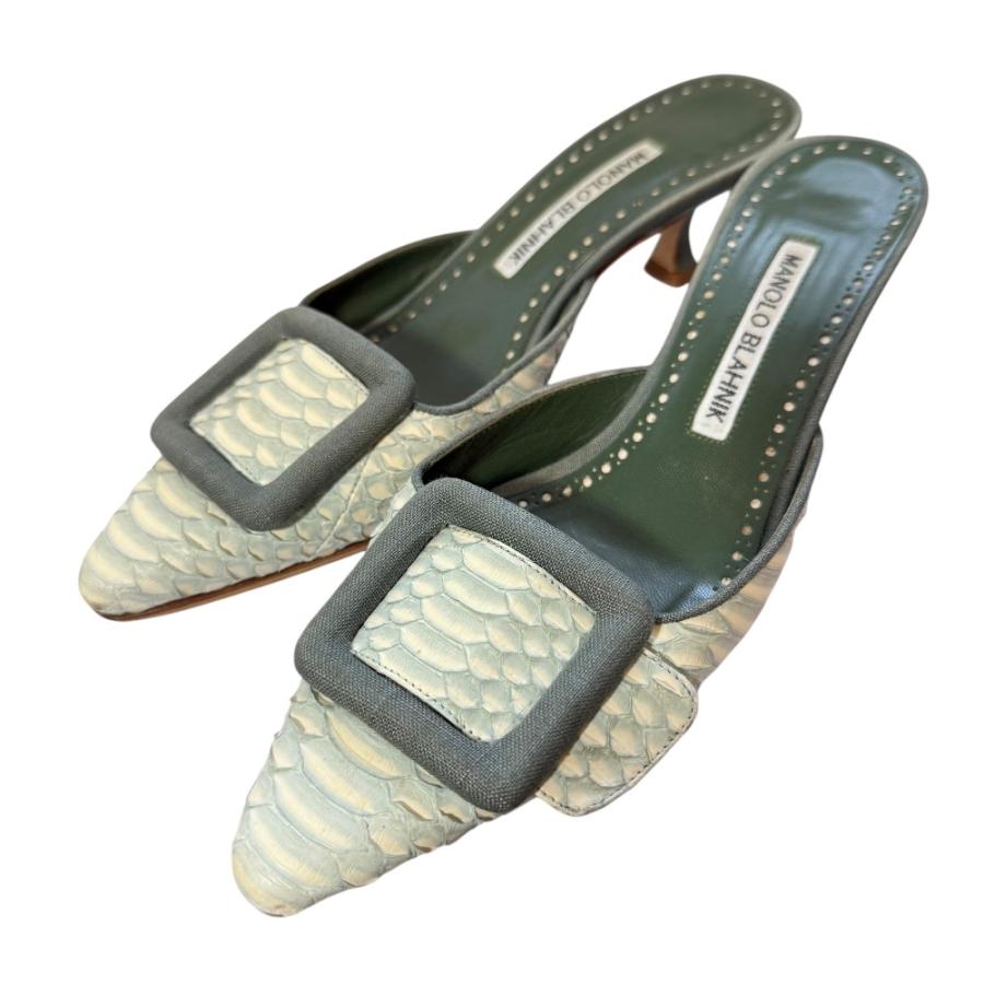 MANOLO BLAHNIK 美品 マノロブラニク メイセール ローヒール ポインテッドトゥ サンダル ミュール 35 22cm相当 グリーン系 レディース 古着 中古 : ブランド古着の ...
