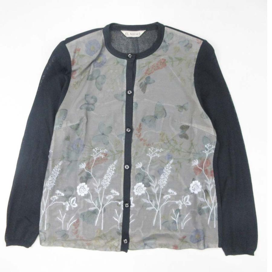 新品同様 EL MIDAS エルミダ シースルー チュールレース 切替 カーディガン 花柄 刺繍 プリント 羽織 カットソー 黒 ブラック レディース 古着 中古 : ブランド古着のリュクス ...