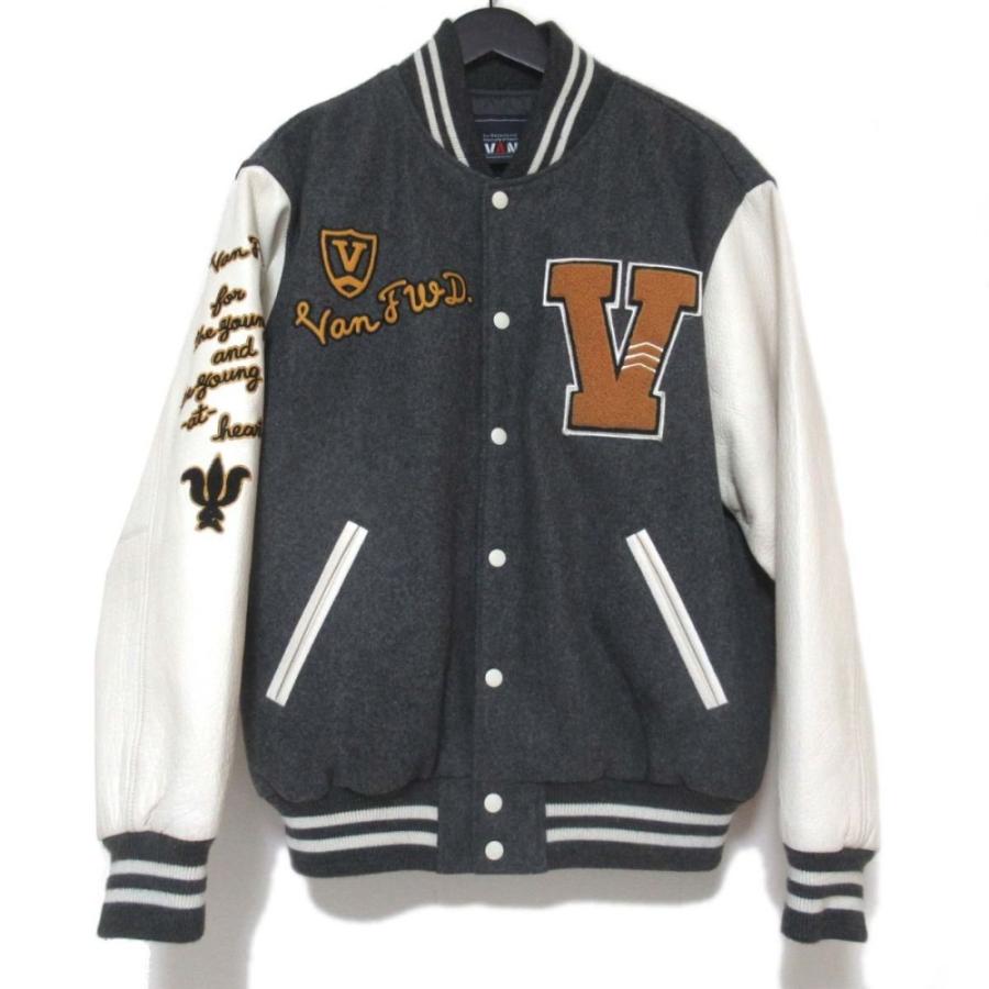 美品 VAN JAC ヴァンヂャケット スタジアムジャンパー スタジャン ブルゾン ジャケット 044M08-00023 Lサイズ グレー×アイボリー メンズ 古着 中古 ...