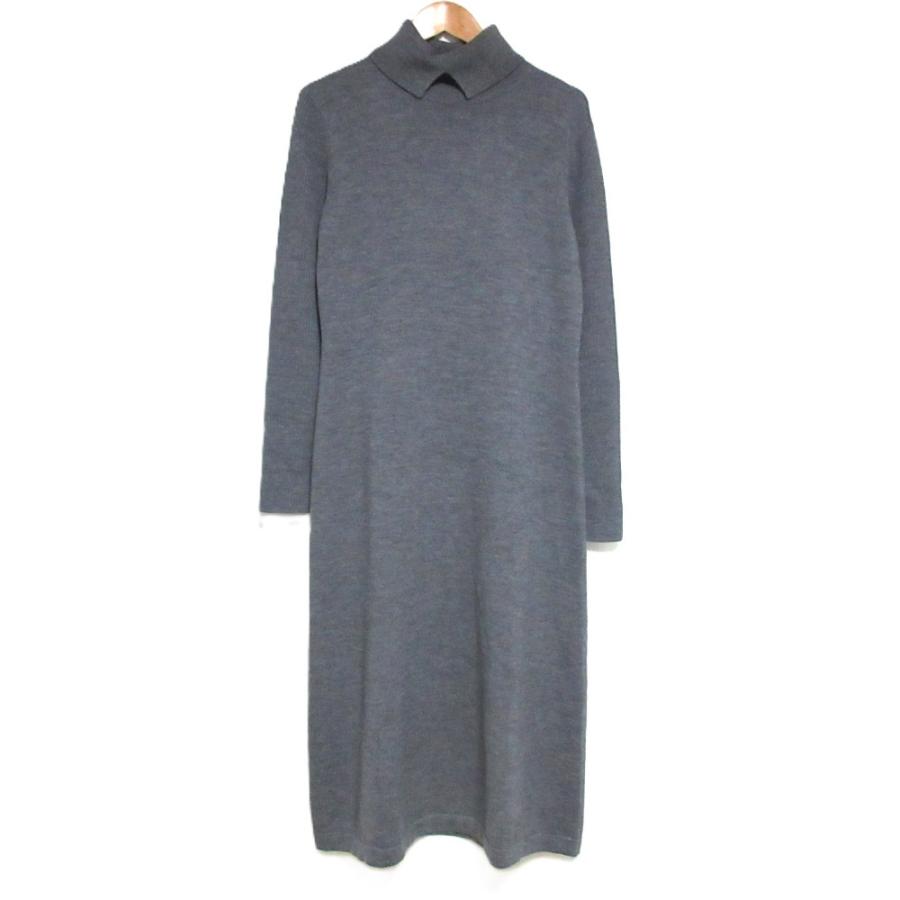theory 美品 21AW セオリー SUPER WOOL2 TURTLE NECK DR タートルネック 長袖 ミモレ丈 ロング ニットワンピース ドレス S グレー レディース 古着 ...