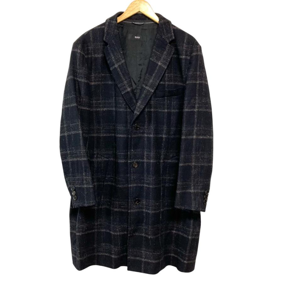 HUGO BOSS（ヒューゴ・ボス） 美品 ボス チェック チェスターコート サイズUK54 ブラック メンズ 古着 中古 : ブランド古着の ...