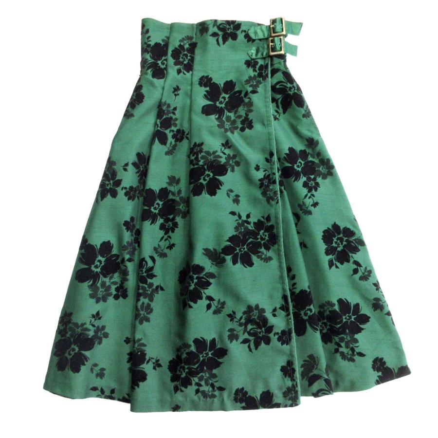 LILY BROWN 美品 18AW Lily Brown リリーブラウン フロッキー 花柄 フレア ラップ風 スカート ベルト バックゴム シャーリング SIZE0 緑 レディース 古着 ...