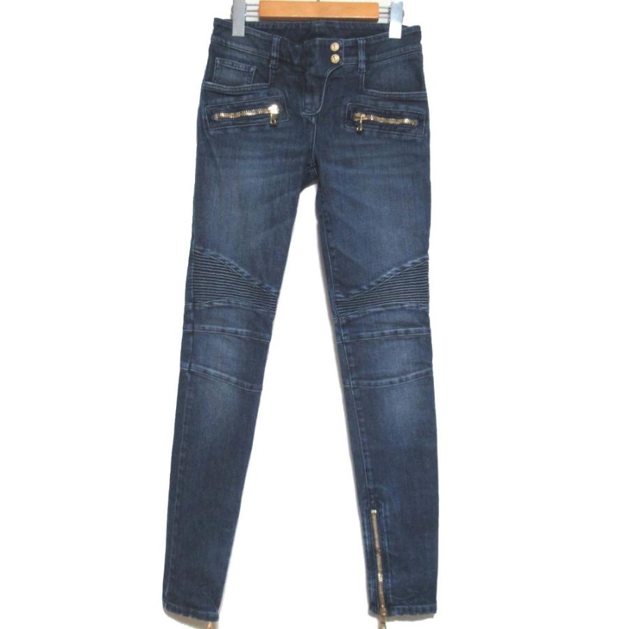 BALMAIN（バルマン） 美品 裾ジップ スキニー バイカーデニムパンツ ジーンズ 995998 264N 34 インディゴブルー レディース 古着 中古 : ブランド古着のリュクス ...