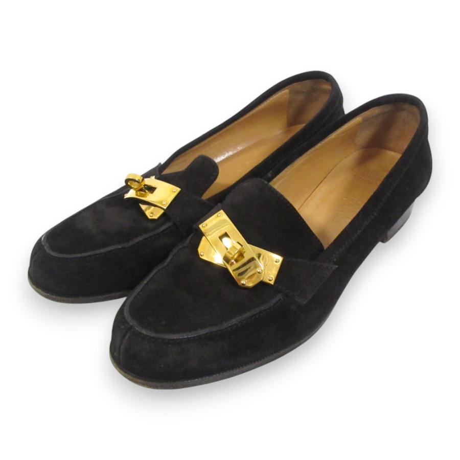 HERMES 美品 エルメス ケリー金具 スエードレザー ローファー シューズ 36 約23cm ブラック×ゴールド金具 レディース 古着 中古 : ブランド古着のリュクス - 通販 ...