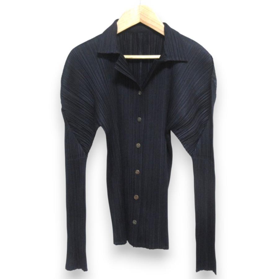 PLEATS PLEASE 美品 ISSEY MIYAKE プリーツプリーズ イッセイミヤケ 長袖 オープンカラーシャツ ブラウス PP05-JJ001 サイズ3 ネイビー レディース 古着 ...