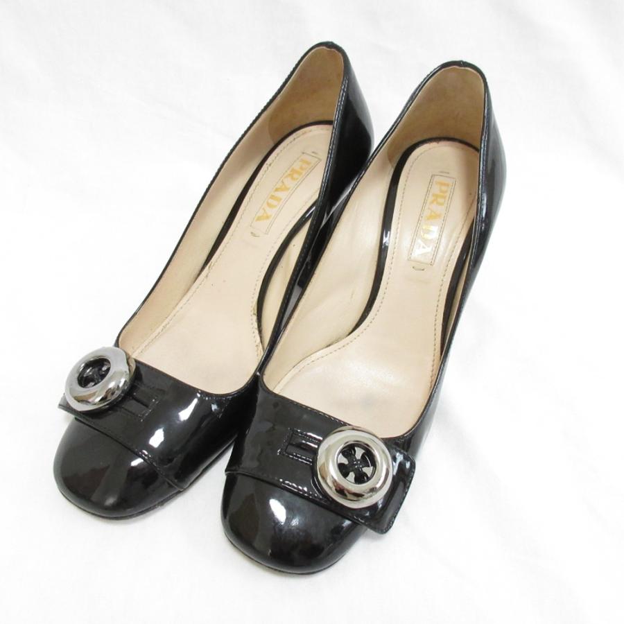 PRADA 良品 プラダ パテントレザー ビッグボタンモチーフ スクエアトゥ チャンキーヒール パンプス サイズ36.5 約23.5cm ブラック レディース 古着 中古 : ブランド古着の ...