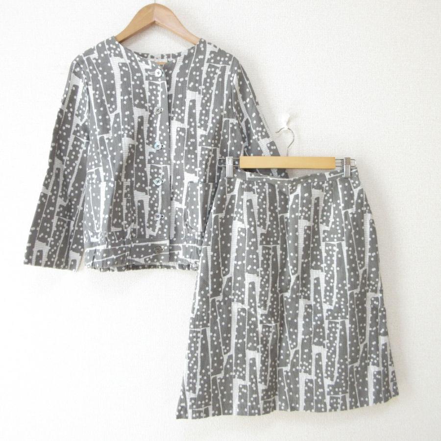 Sally Scott 美品 サリースコット ジャガード 総柄 ノーカラージャケット＋ひざ丈スカート セットアップ 9AR グレー レディース ...
