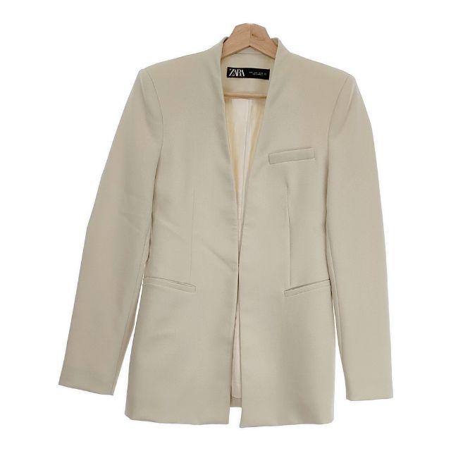 ZARA BASIC カラーレスジャケット フックボタン 肩パッド入り ノーカラージャケット アイボリー ザラベーシック 4-0927T ...