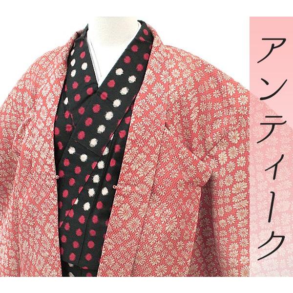 在庫処分 アンティーク 銘仙 着物 羽織 セット 黒地 水玉 ドット 菊 市松 サーモンピンク 正絹 お仕立て上がり リサイクル 中古 レトロ モダン 和装 着物 w1077 : w1077 ...